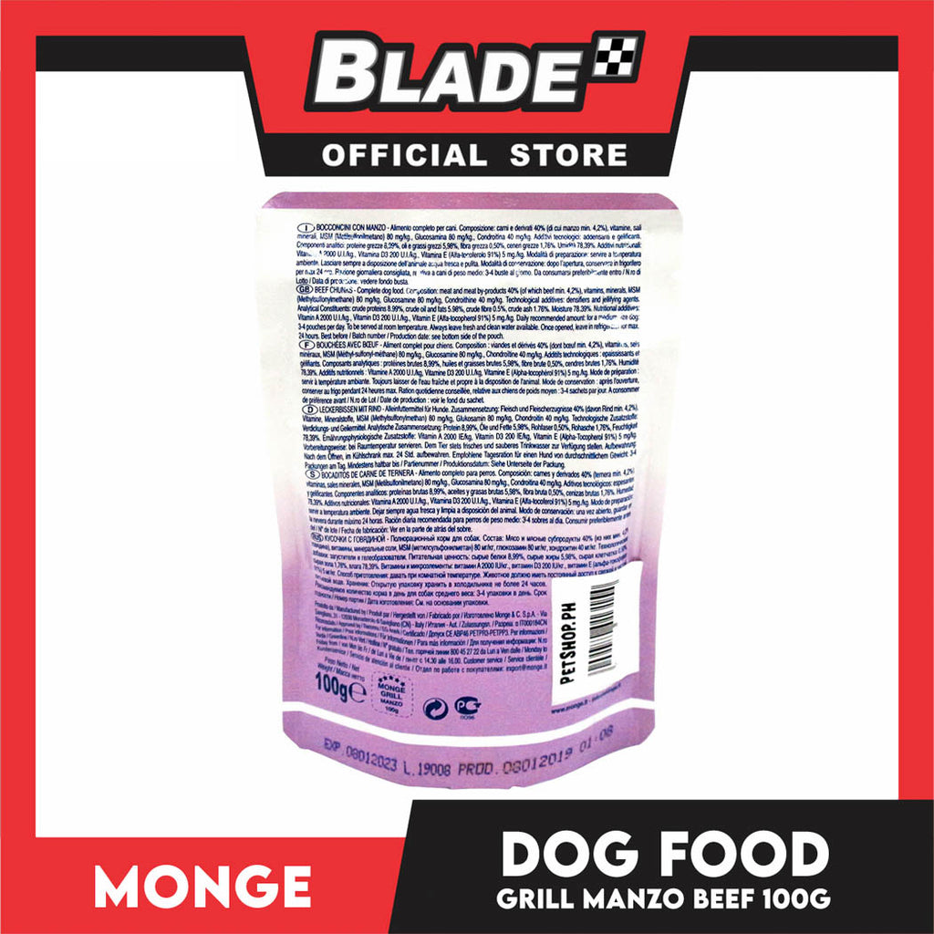 Monge Pouch Grill Chunkies Dog Food 100g (Manzo Beef) Grain Free And H ...