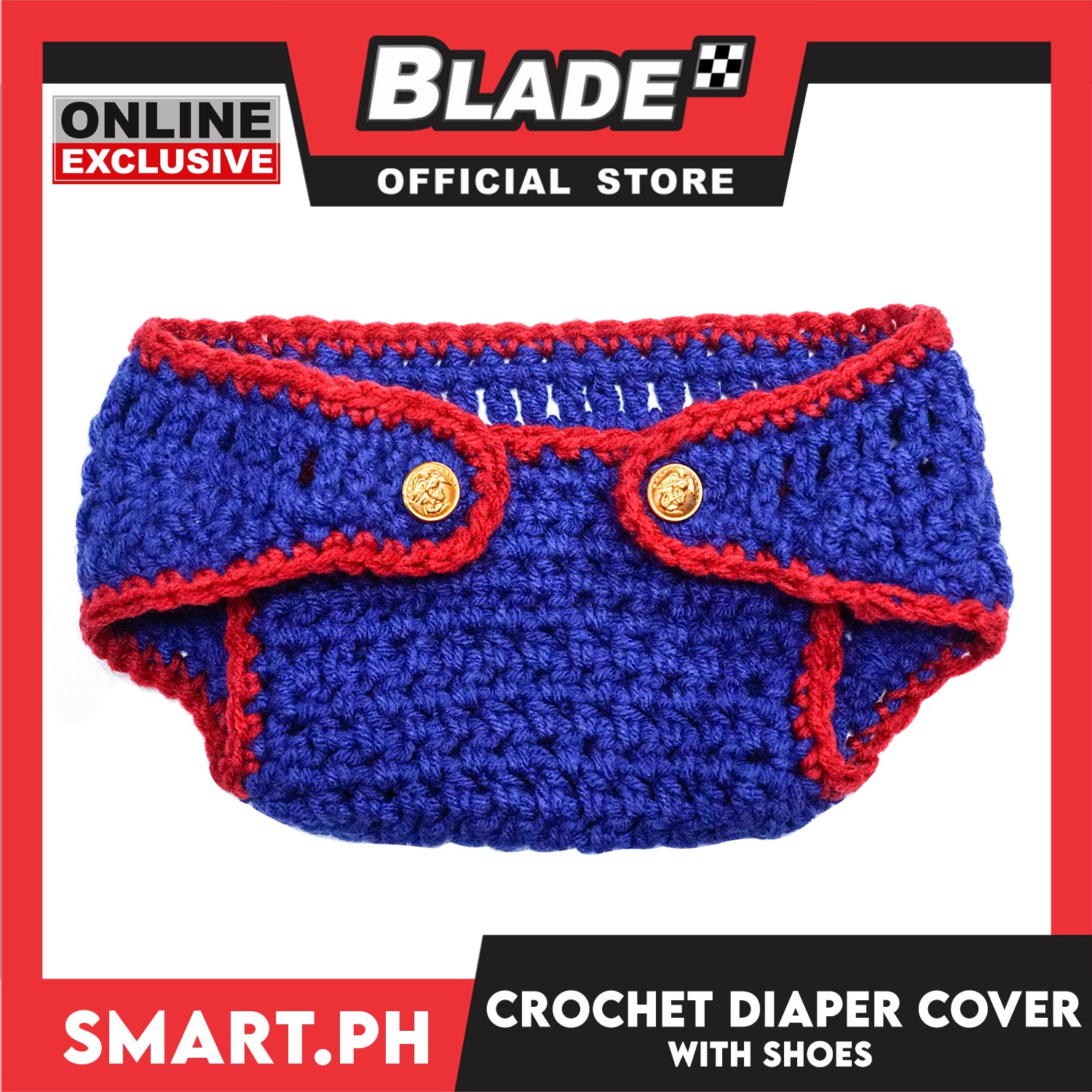 Baby Crochet Underwear Diaper Cover and Shoes with Gold Button (Blue/R ...