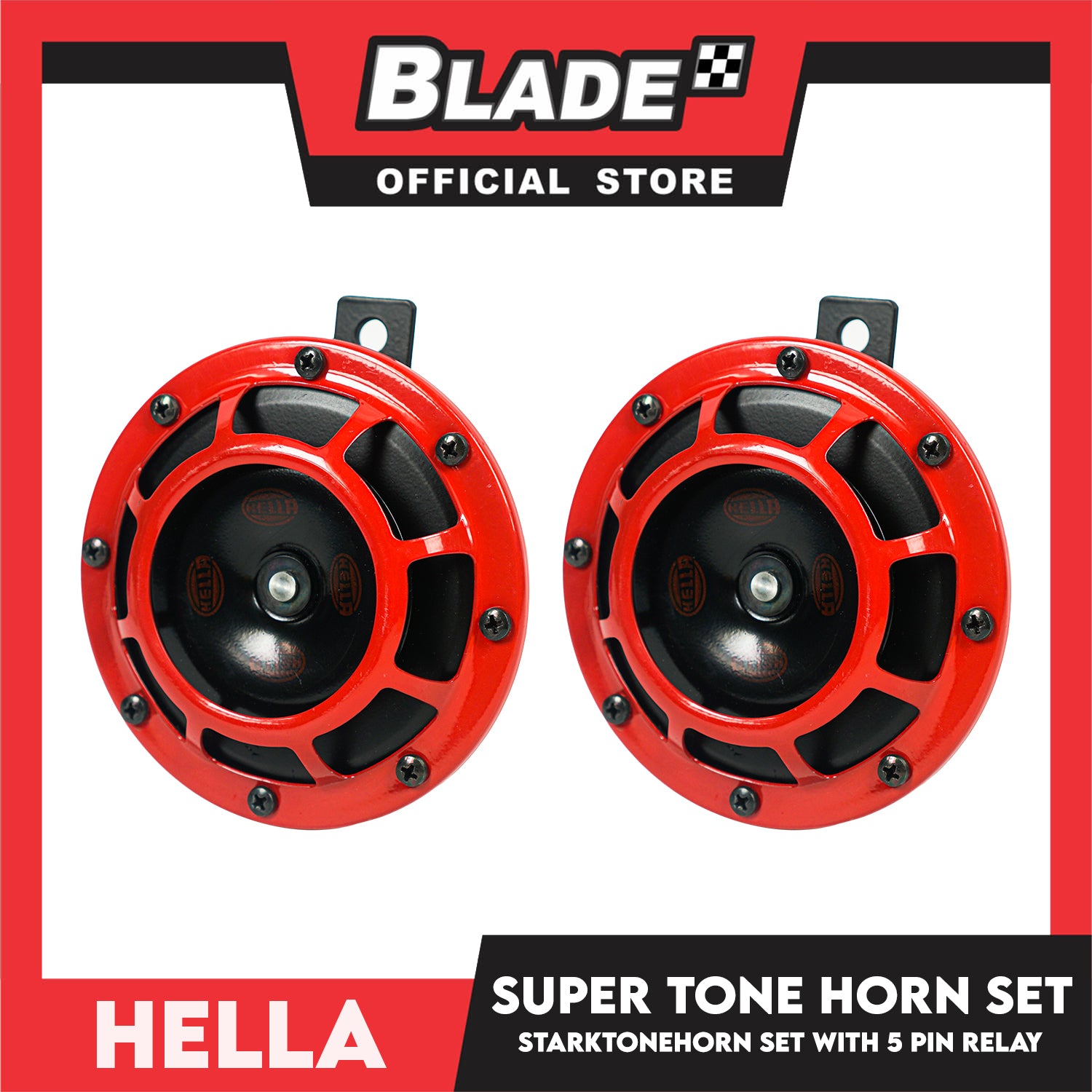 Hella Super Tone Horn Set 12V with 5 Pin Relay H-S821 (Black with Red ...