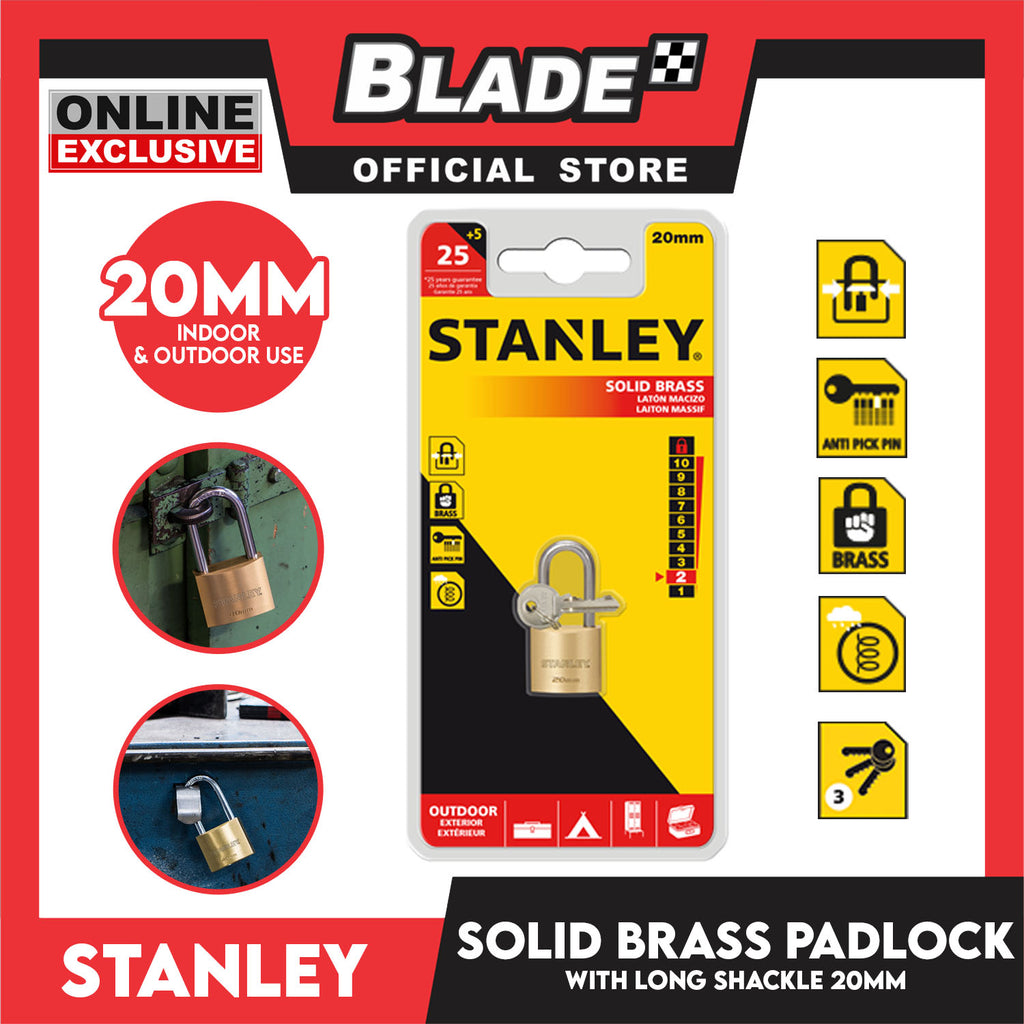 Stanley Solid Brass Long Padlock with Long Shackle 20mm Heavy Duty Sec ...