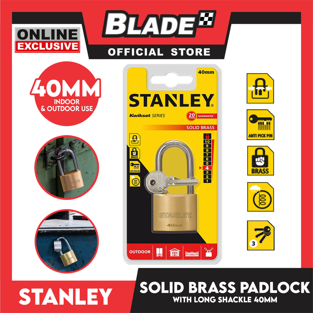 Stanley Solid Brass Long Padlock with Long Shackle 40mm Heavy Duty Sec ...