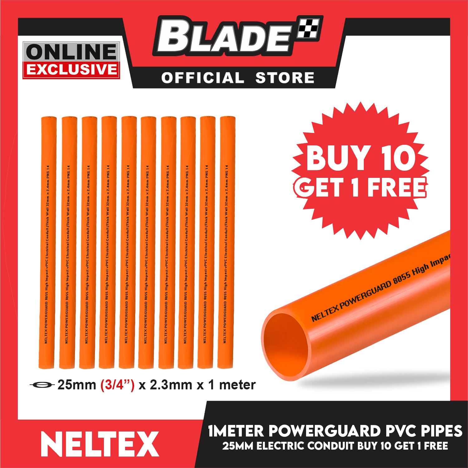 Buy 10 Get 1 Free Neltex PVC Powerguard Pipe 25mm x 1meter Electric Co ...
