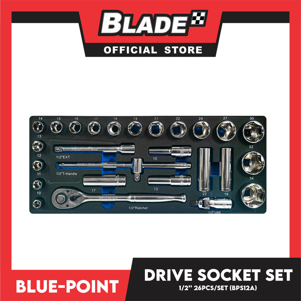 Blue-Point 1/2' ' Drive Socket Set (BPS12A) Set Of 26pcs, Chrome Socke ...