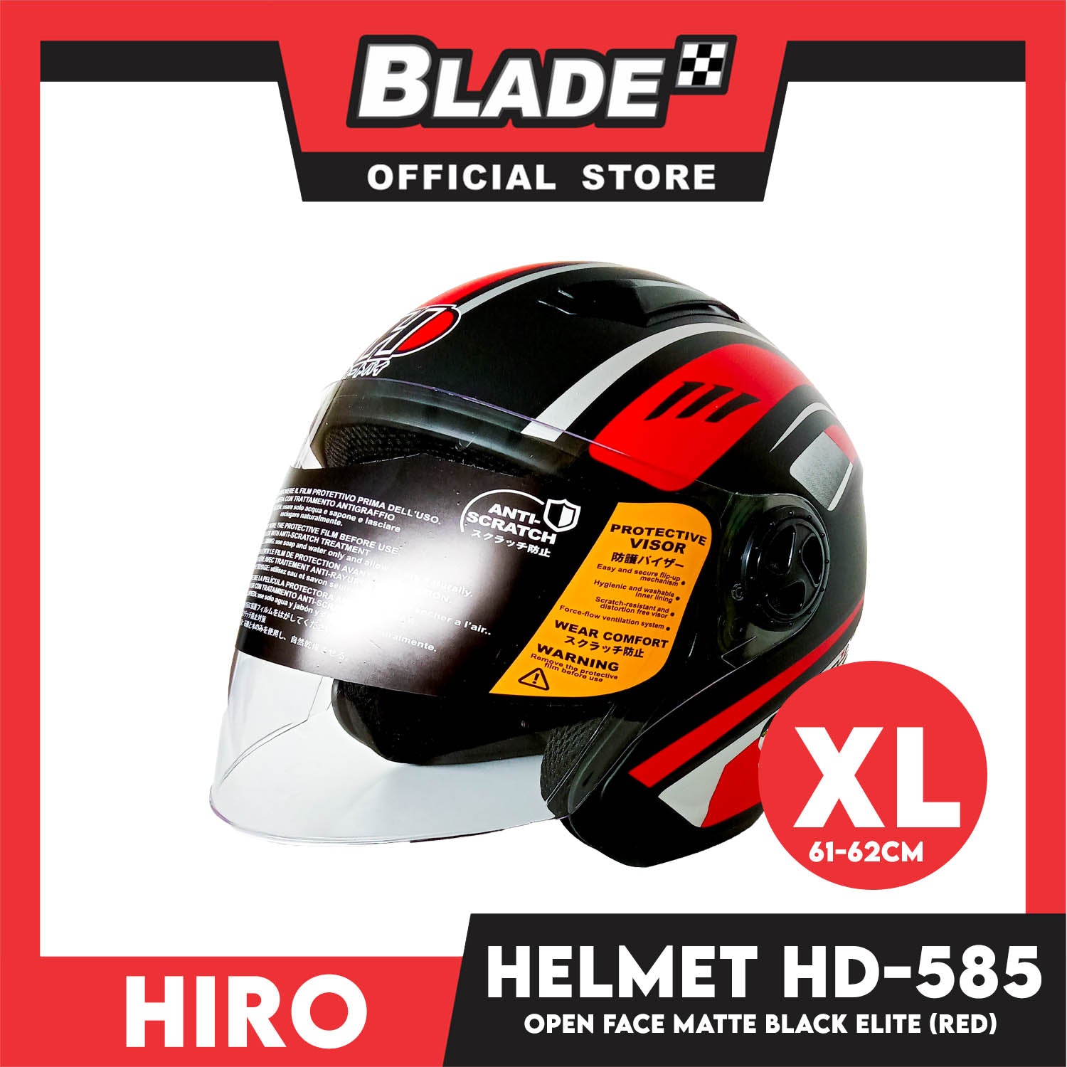 HIRO Helmet OF (XL) HD-585 Matte Black Elite Red Color (Open Face, Hal ...